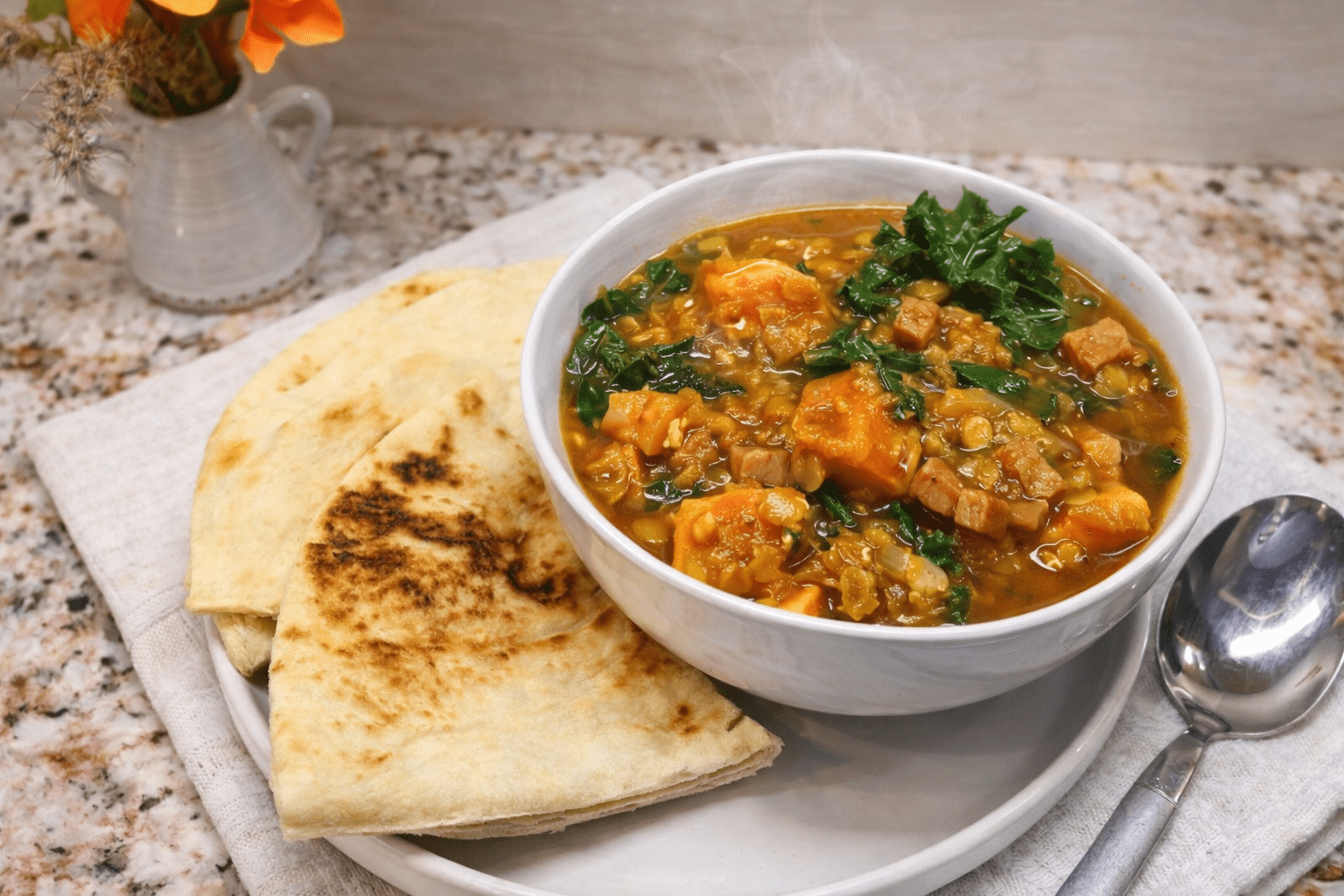 Masala Chai Lentil & Ham Soup with Sweet Potato & Greens – Java Momma